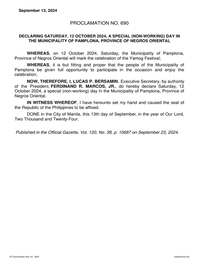 Declaring Saturday, 12 October 2024, A Special (Non-Working) Day in The ...