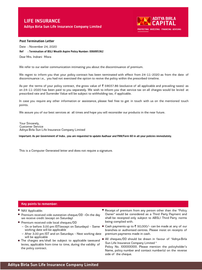 Termination Letter 006895362 | PDF | Identity Document | Insurance