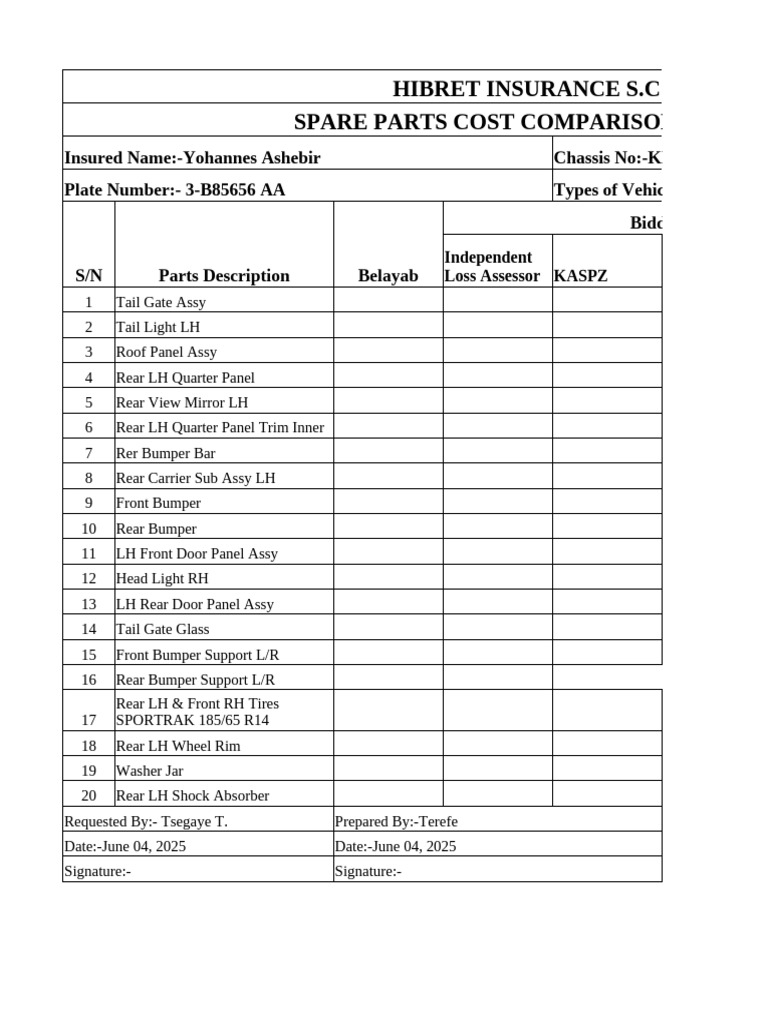 Hibret Insurance Parts Cost Analysis | PDF