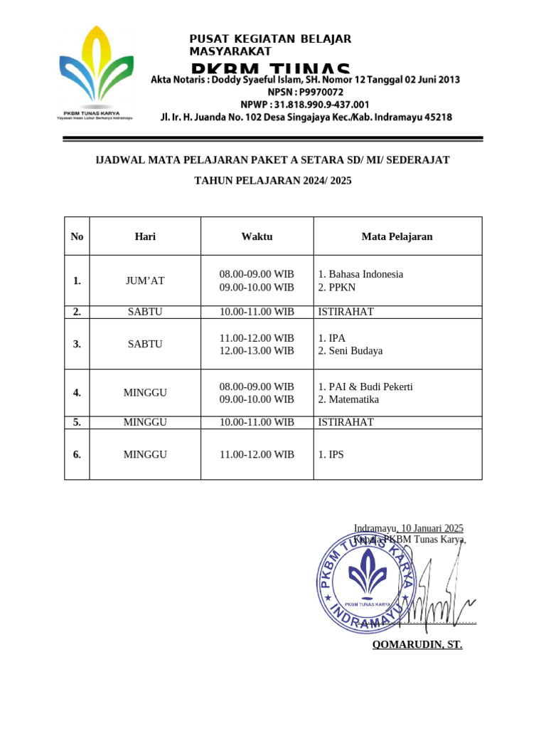 Jadwal Mapel PKBM Tunas Karya ABC TP 24.25 | PDF