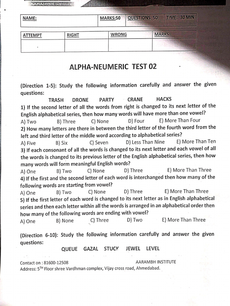 Alpha-Numeric Test 1 - Reasoning @aarambh Inst | PDF