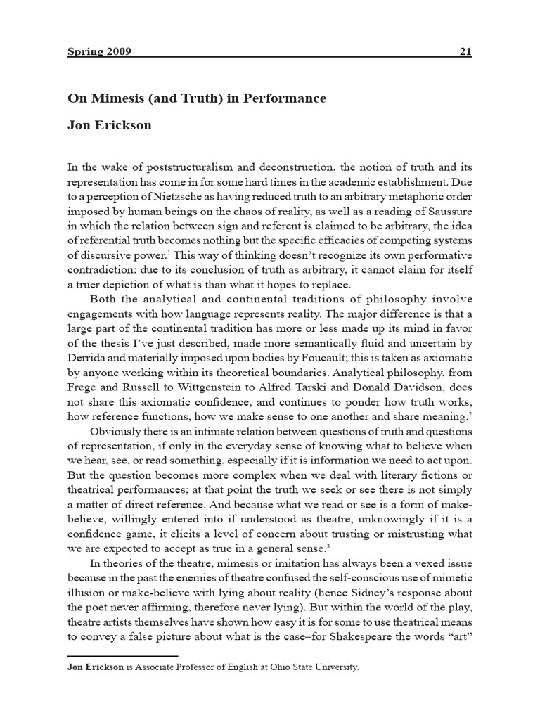 Erickson, J. (2009) - On Mimesis (And Truth) in Performance. Journal of ...