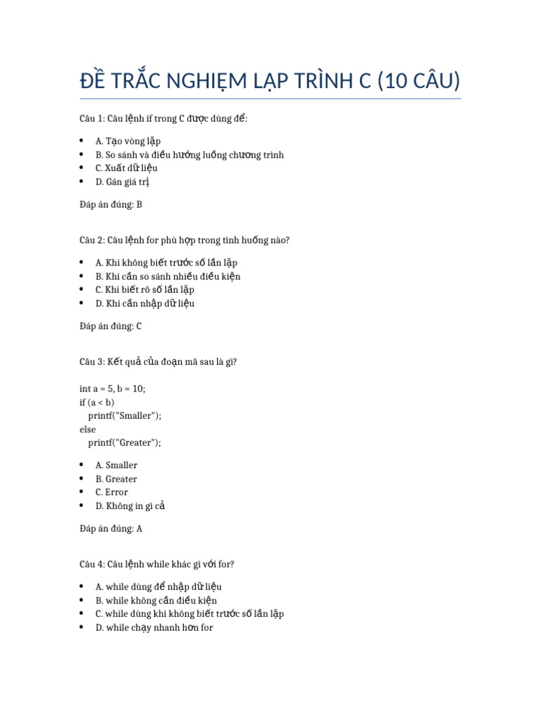 De Trac Nghiem Lap Trinh C | PDF