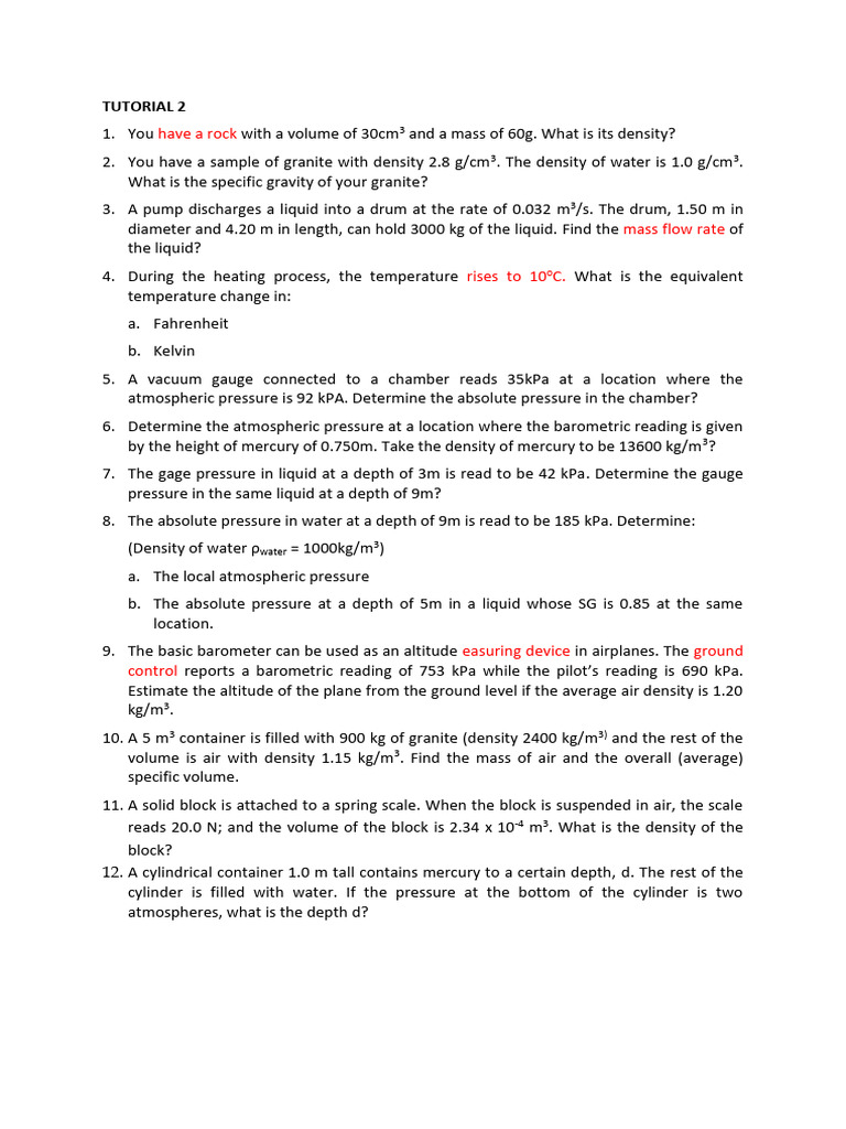 IY423 Tutorial 2 Thermodynamic Temperature and Pressure Worksheet | PDF