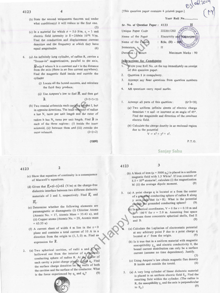 Physics Sem 2 Electricity & Magnetism 4123 | PDF | Sphere | Magnetic Field