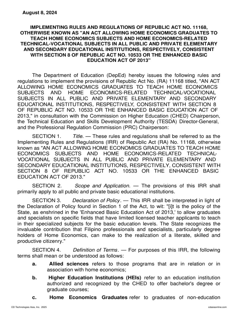 IRR of RA 11168 for Home Economics Teaching | PDF | Teachers | Home ...