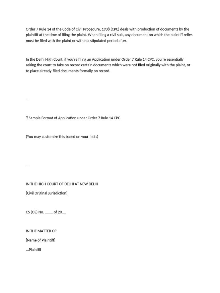 Application Format for Order 7 Rule 14 CPC | PDF | Lawsuit | Separation ...