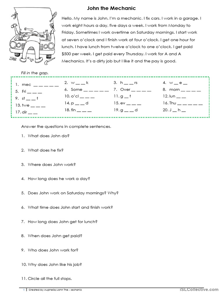 John the Mechanic's Work Schedule | PDF | Grammar | Linguistics