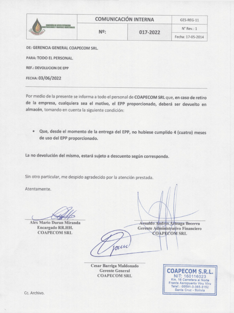 Comunacion Devolucion Epp | PDF
