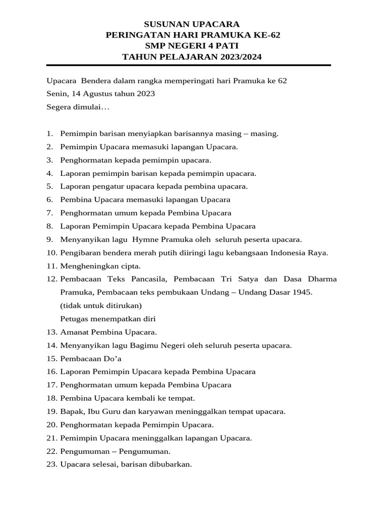 Susunan Upacara Hari Pramuka 2023 | PDF