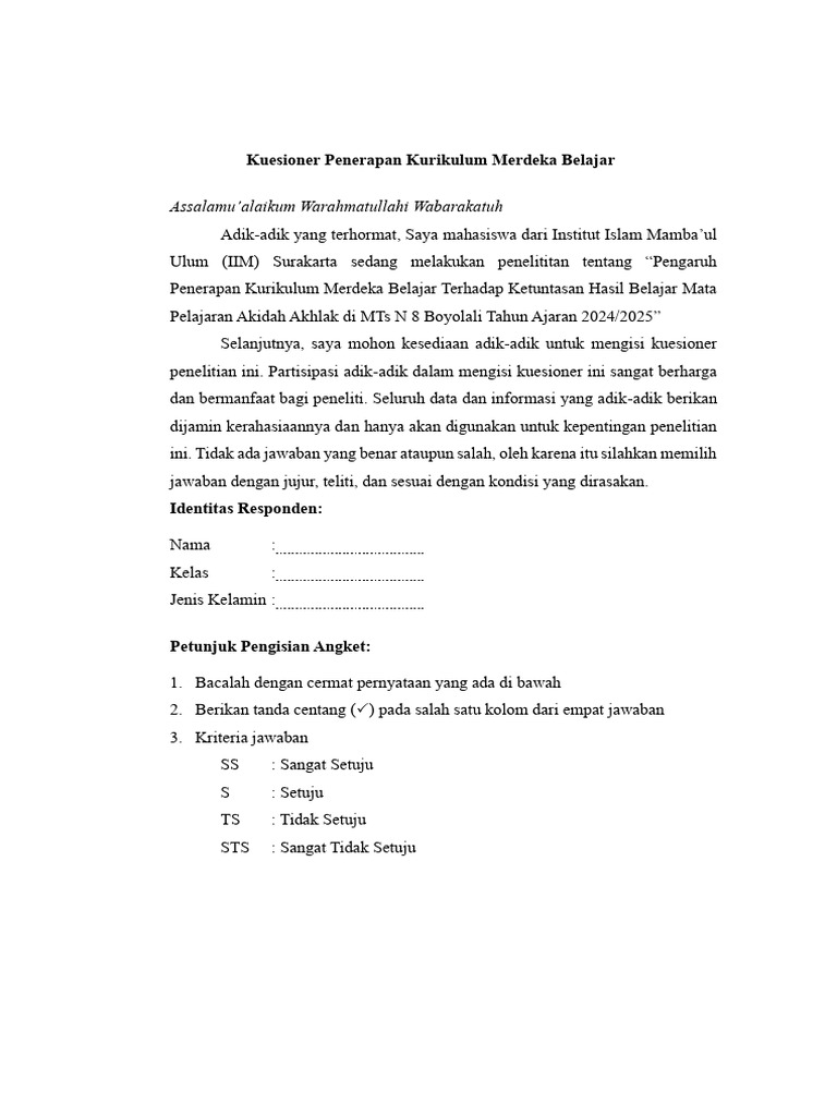 Angket Variabel X (Penerapan Kurikulum Merdeka Belajar) | PDF