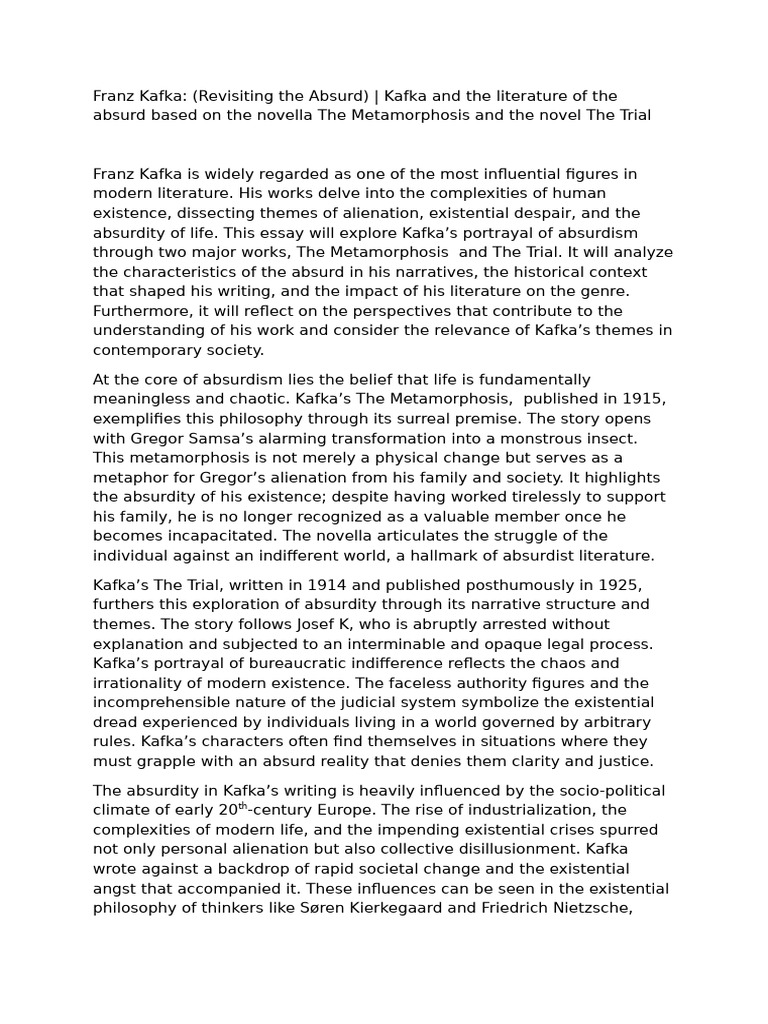 Franz Kafka The Metamorphosis The Trial Literature of The Absurd | PDF ...