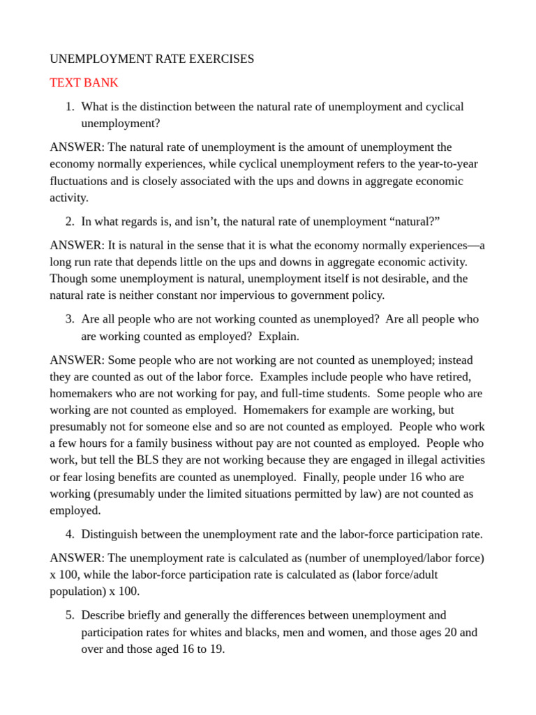 Unemployment Rate Exercises | PDF | Unemployment | Labour Economics