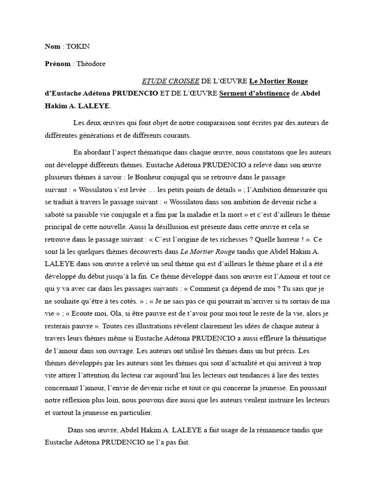 Analyse comparative des œuvres de Prudencio et Laleye | PDF
