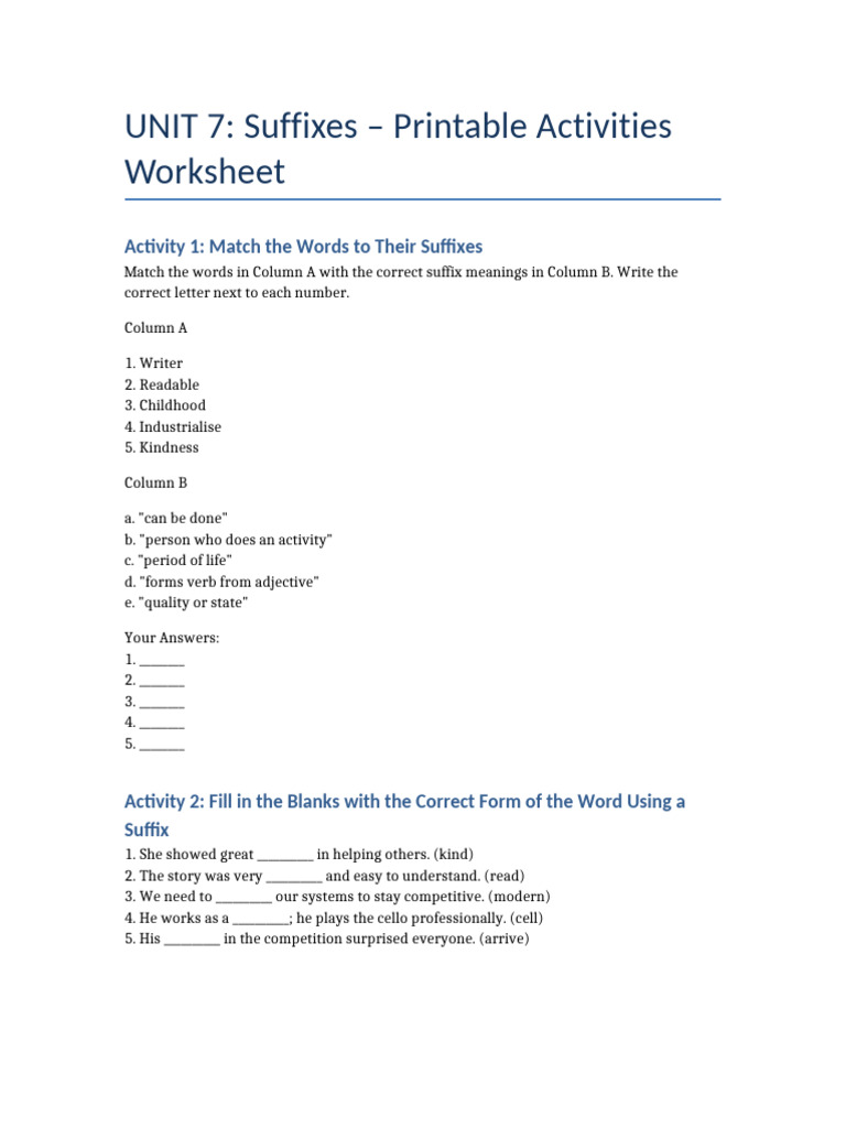 Suffixes Activities and Worksheets | PDF