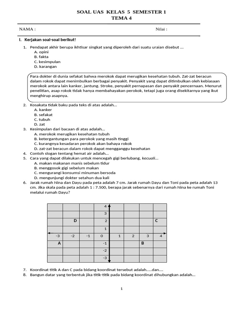 Soal Uas Kelas 5 SMTR 1 Tema 4 | PDF