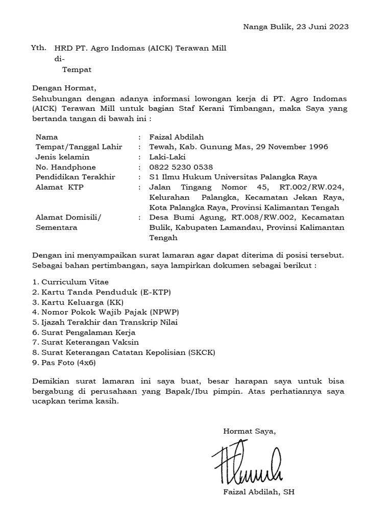 Surat Lamaran Pt. Agro Indomas (Staf Kerani Timbangan) | PDF