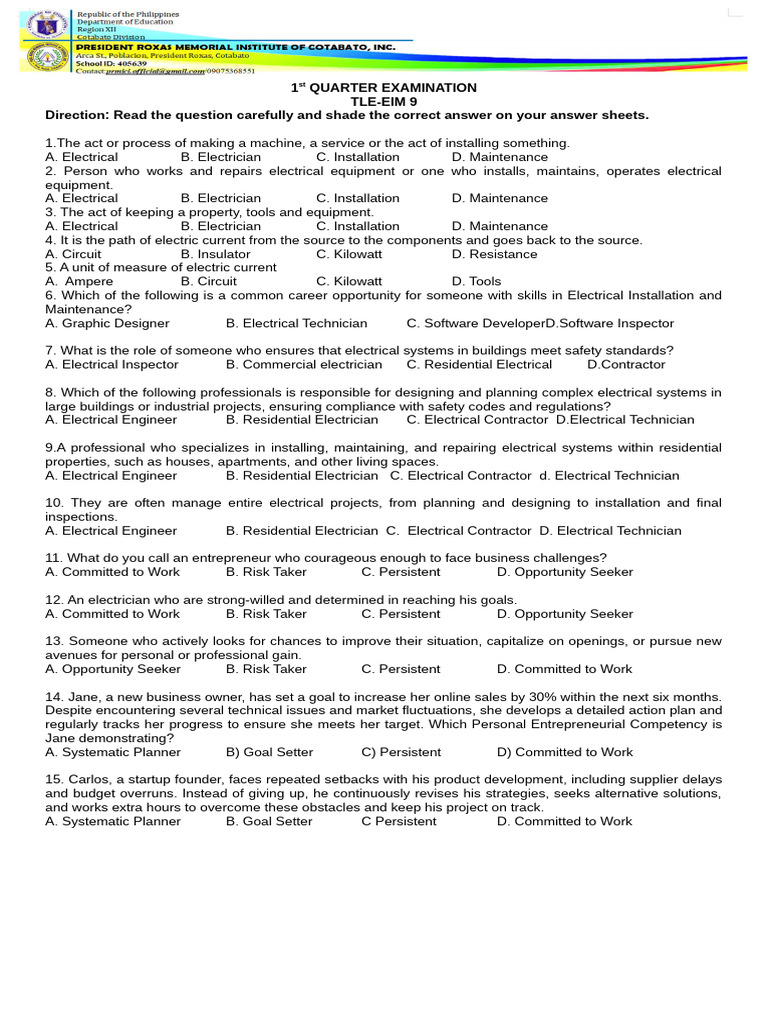 TLE 9 1st QUARTER EXAMINATION | PDF | Drill | Electrician