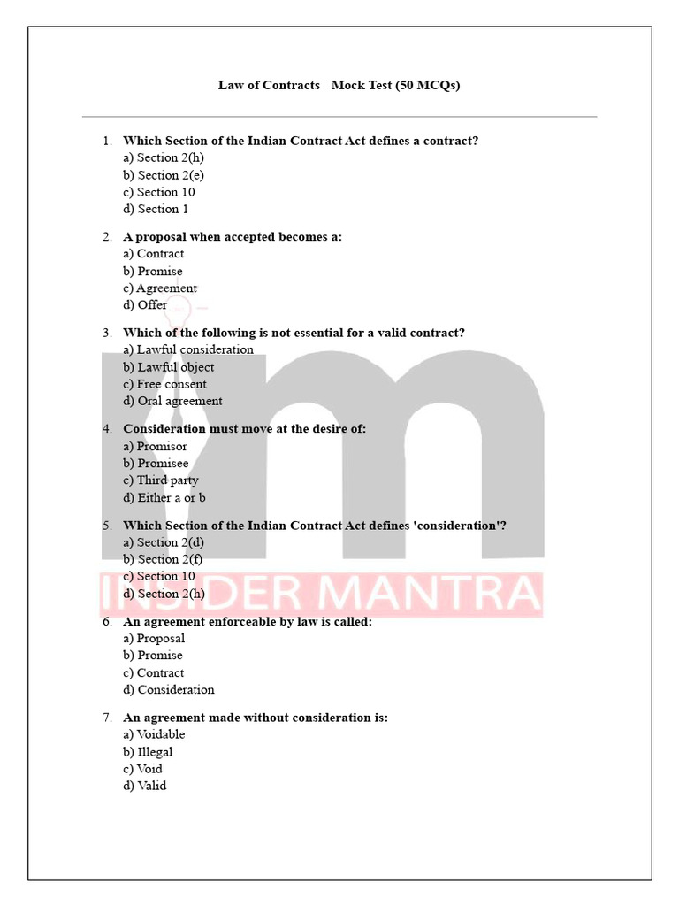 Law of Contracts MCQ Mock Test | PDF | Void (Law) | Consideration