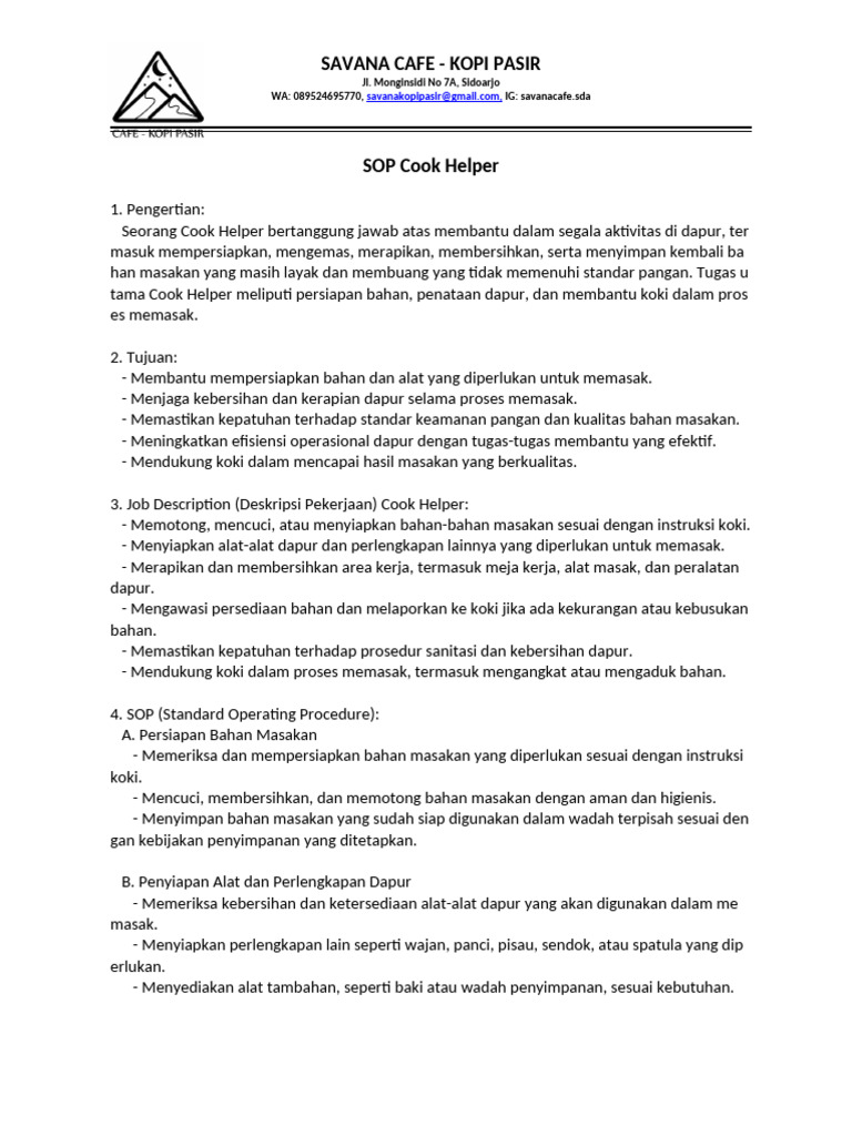 SOP Cook Helper | PDF