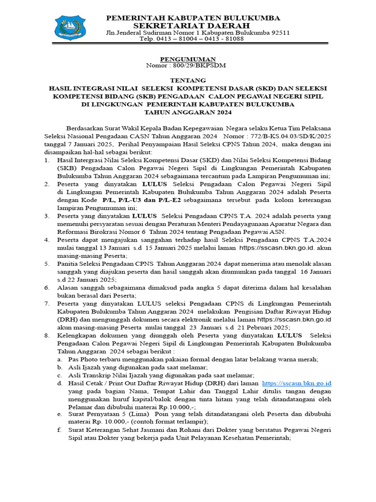 Pengumuman Hasil Integrasi SKD-SKB | PDF