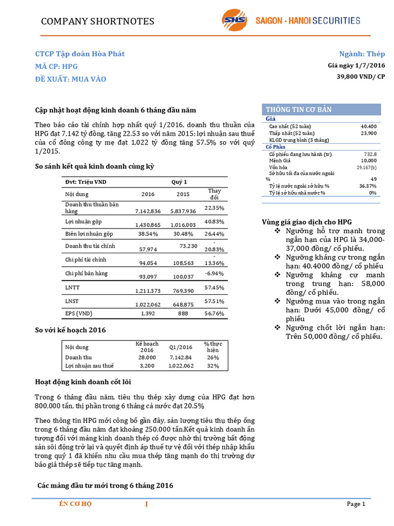 SHS Danh+gia+ngan+co+phieu+HPG+official+jul+2016 | PDF