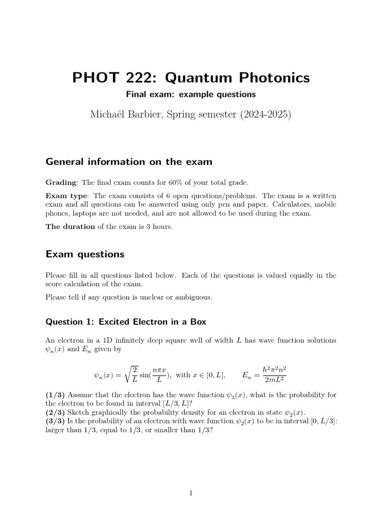 Phot222 Final Exam Example Questions | PDF | Spectral Line | Electron Configuration