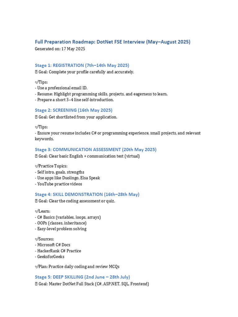 DotNet FSE Interview Roadmap 2025 | PDF
