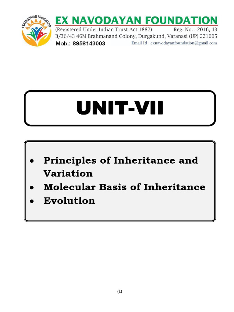 Unit-Vii: Principles of Inheritance and Variation Molecular Basis of Inheritance Evolution | PDF ...