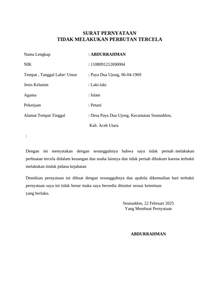 Surat Pernyataan Tidak Pernah Membuat Perbuatan Tercela | PDF