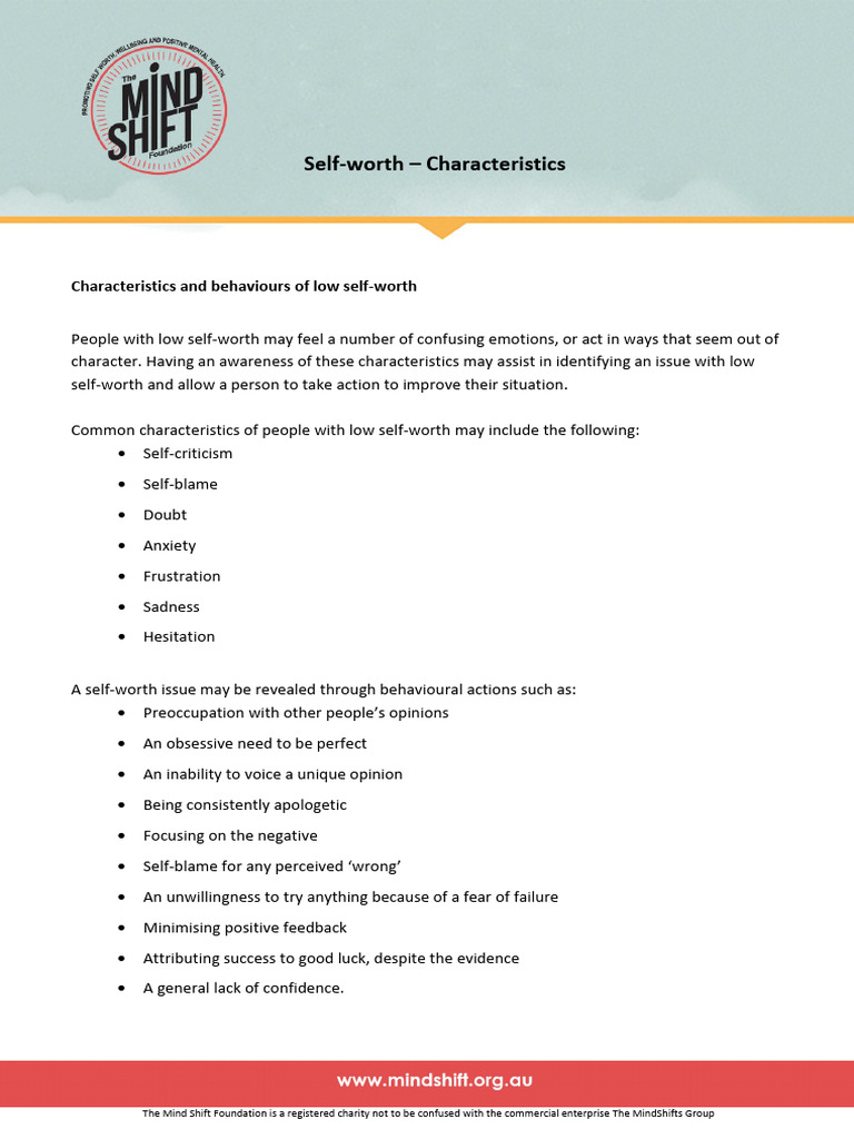 02 Self Worth Characteristics of Self Worth | PDF | Self Esteem | Anxiety