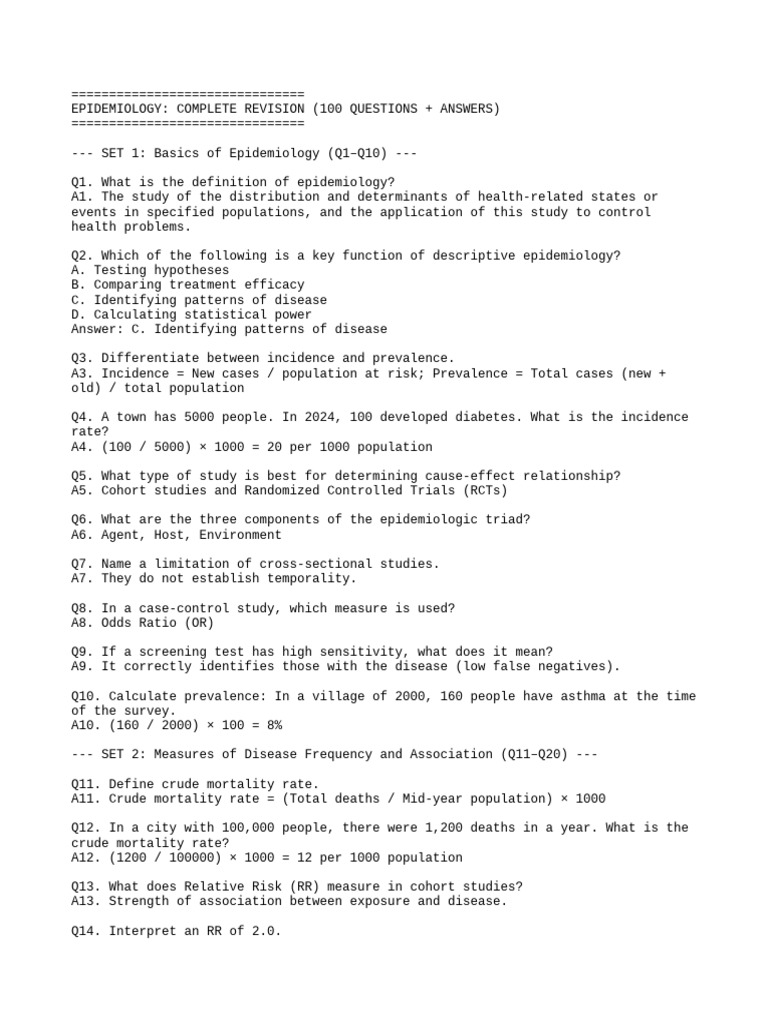 Epidemiology Revision 100Qs | PDF | Epidemiology | Relative Risk