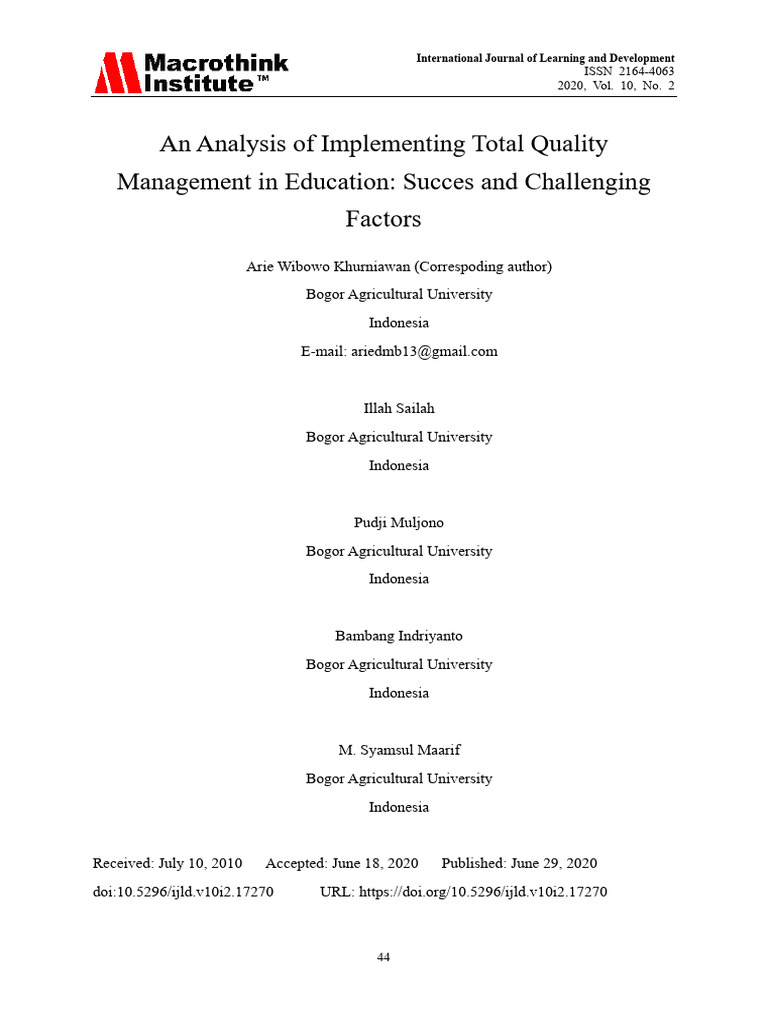 An Analysis of Implementing Total Quality Management in Education - Success and Challenging ...