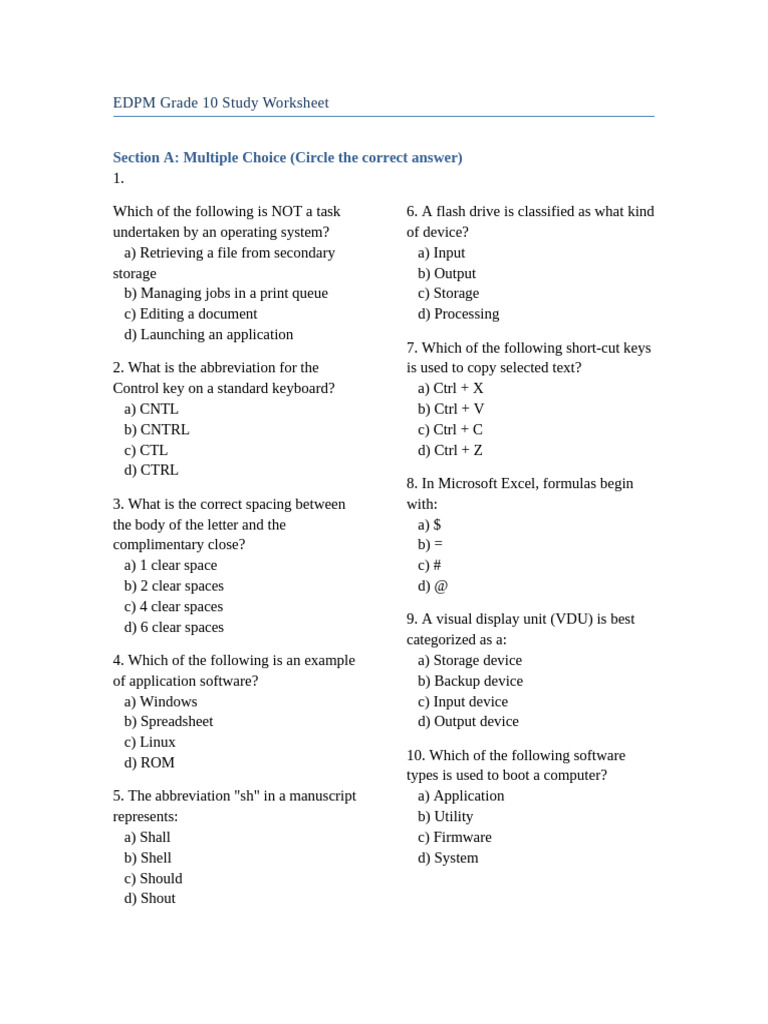 EDPM Grade10 Study Worksheet | PDF | Microsoft Word | Control Key