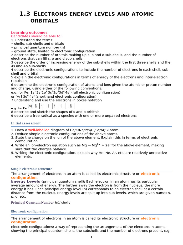 1.3 Electrons, Energy Levels and Atomic Orbitals | PDF | Electron ...