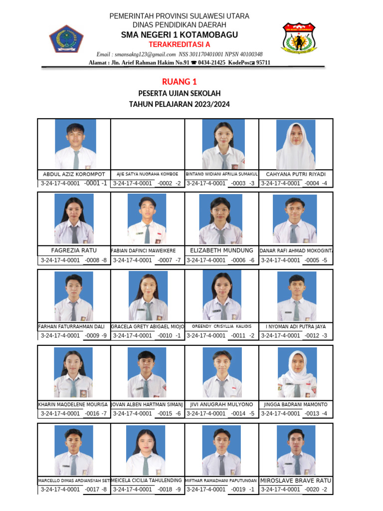 Denah Ruang 1-13 Ujian Sekolah 2024 | PDF