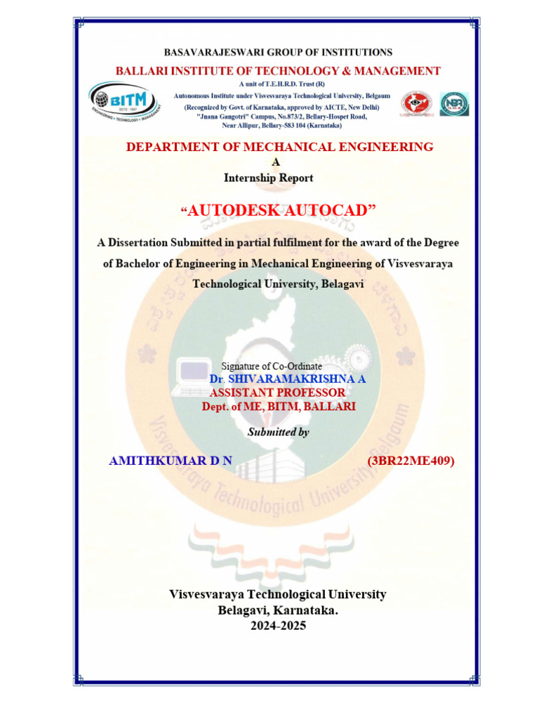 AMITHKUMAR D N 3BR22ME409 Autocad Internship Report | PDF | Technical ...