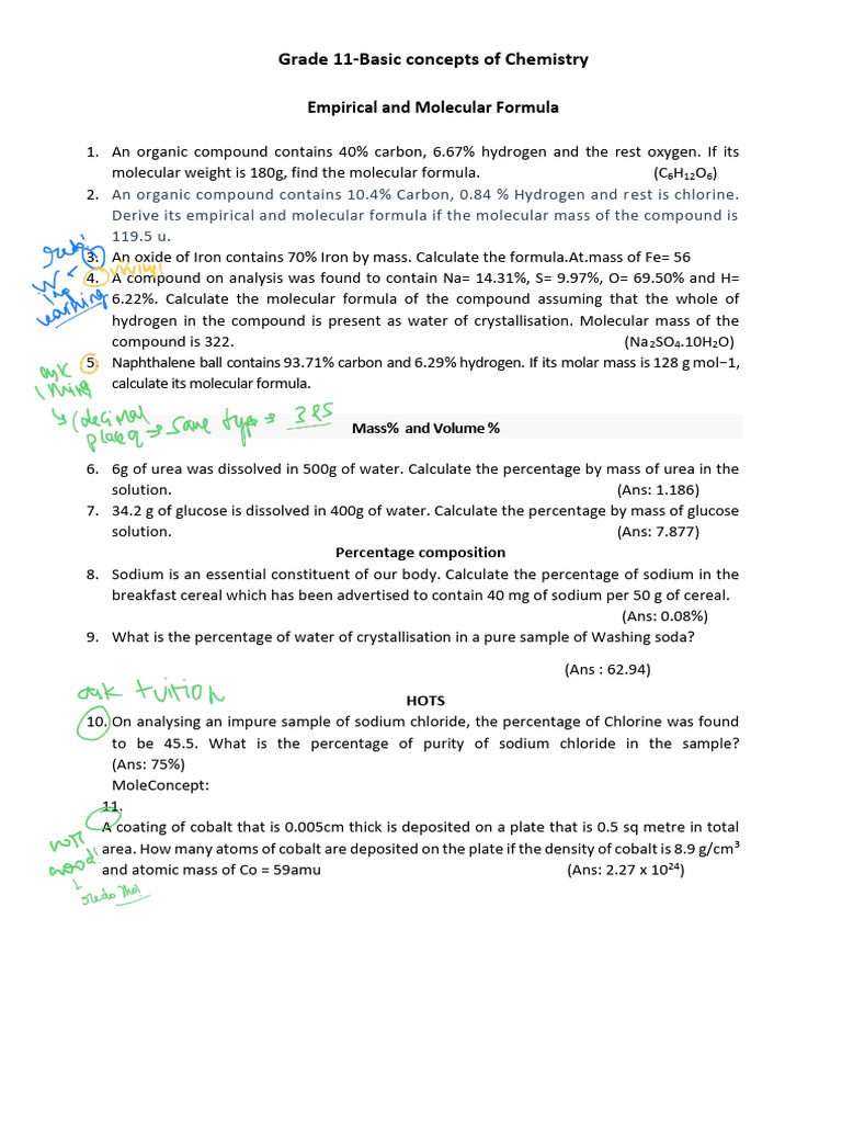 Grade 11 Chemistry: Formulas & Calculations | PDF | Sodium | Molecules