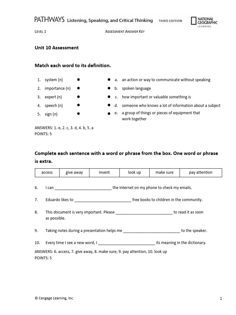 PathwaysLS3e L1 Assessment AnswerKey Unit10 | PDF | Communication | Speech