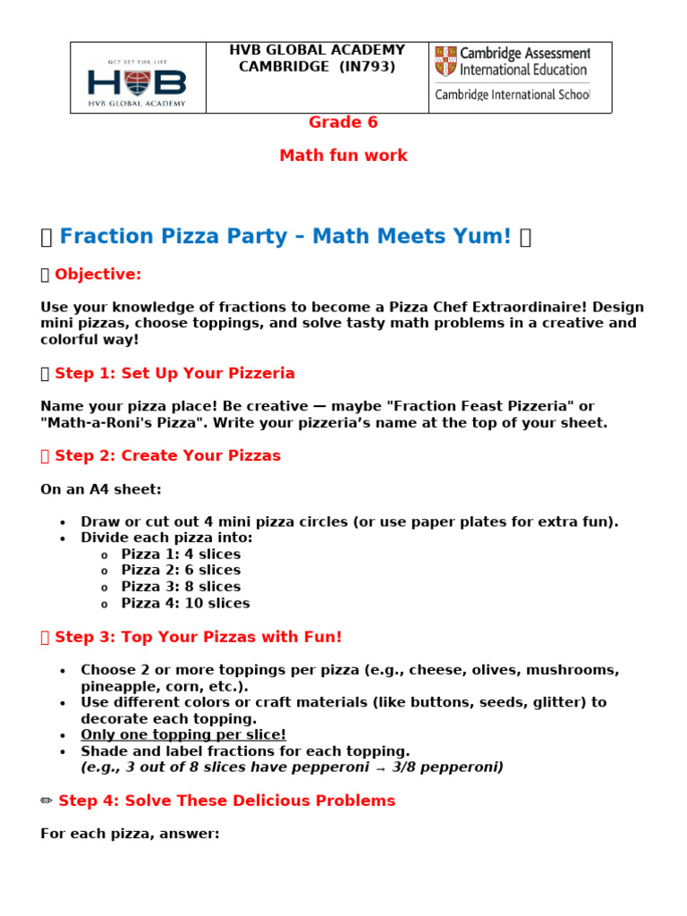Fraction Pizza Project for 6th Grade | PDF | Pizza