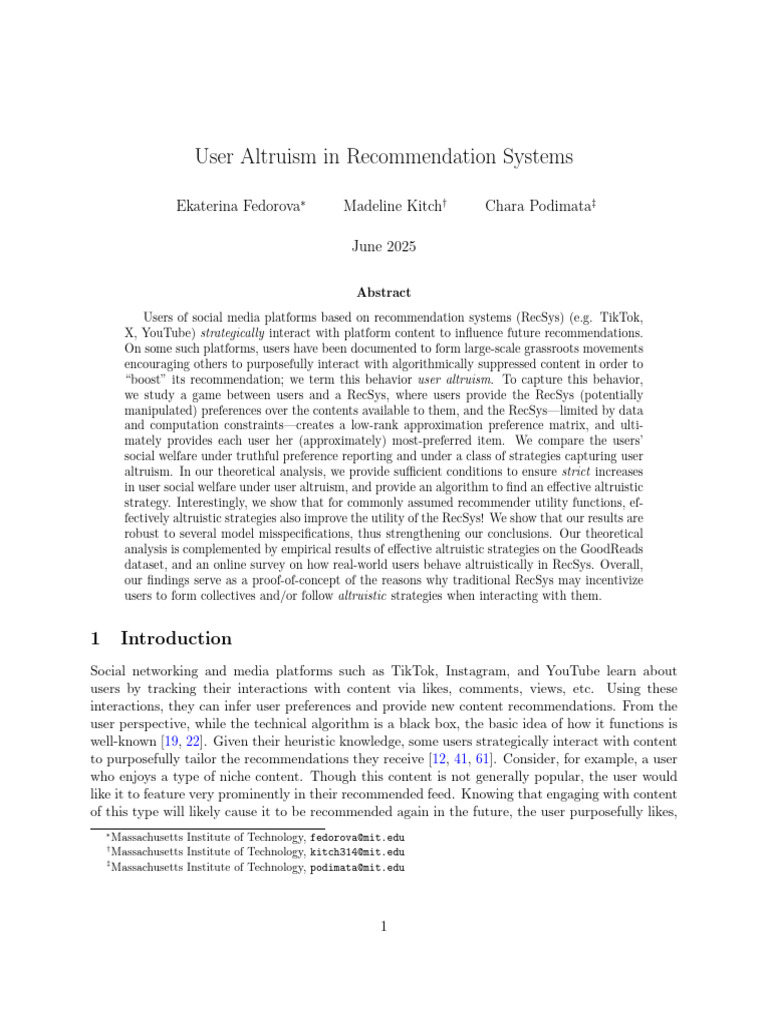 User Altruism in Recommendation Systems: Ekaterina Fedorova Madeline ...