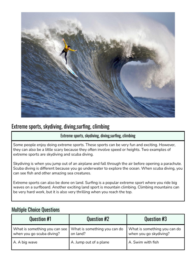 Extreme Sports, Skydiving, Diving, Surfing, Climbing | PDF ...