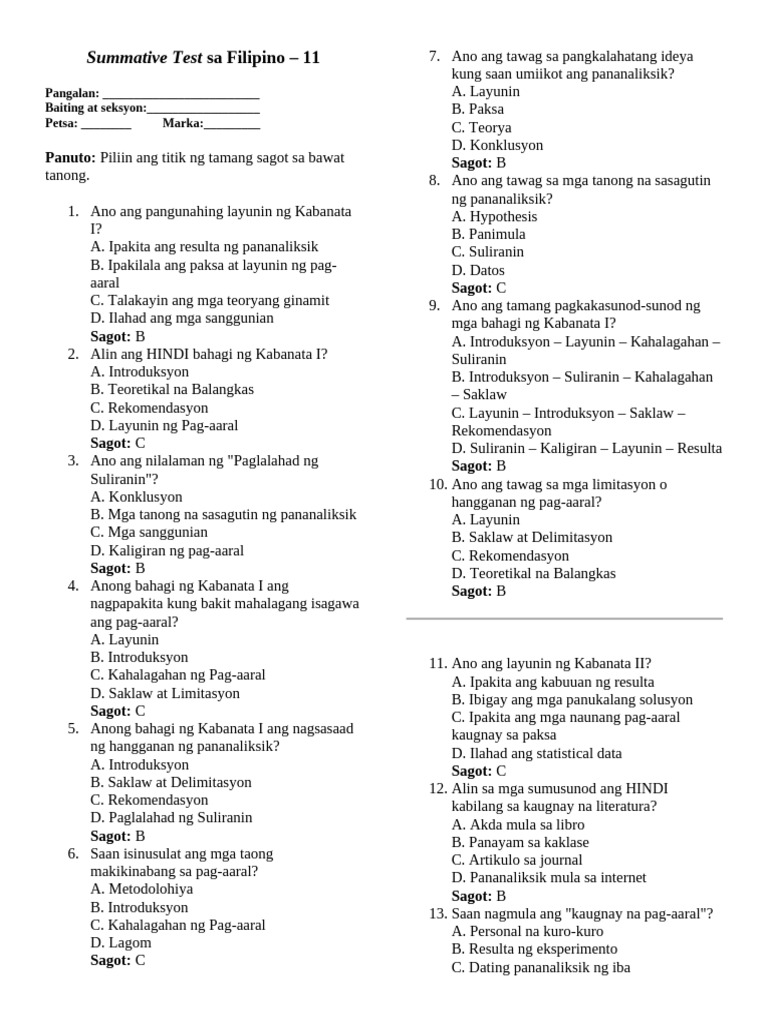 Summative Test Sa Filipino 11 | PDF