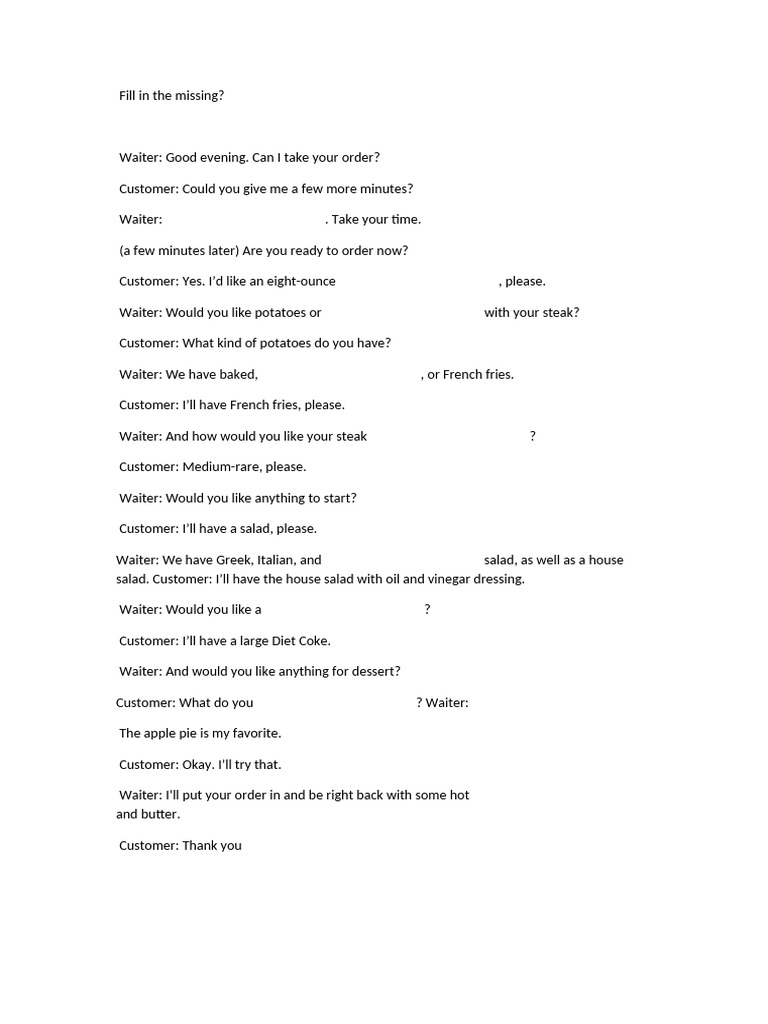 Restaurant Order Dialogue Practice | PDF