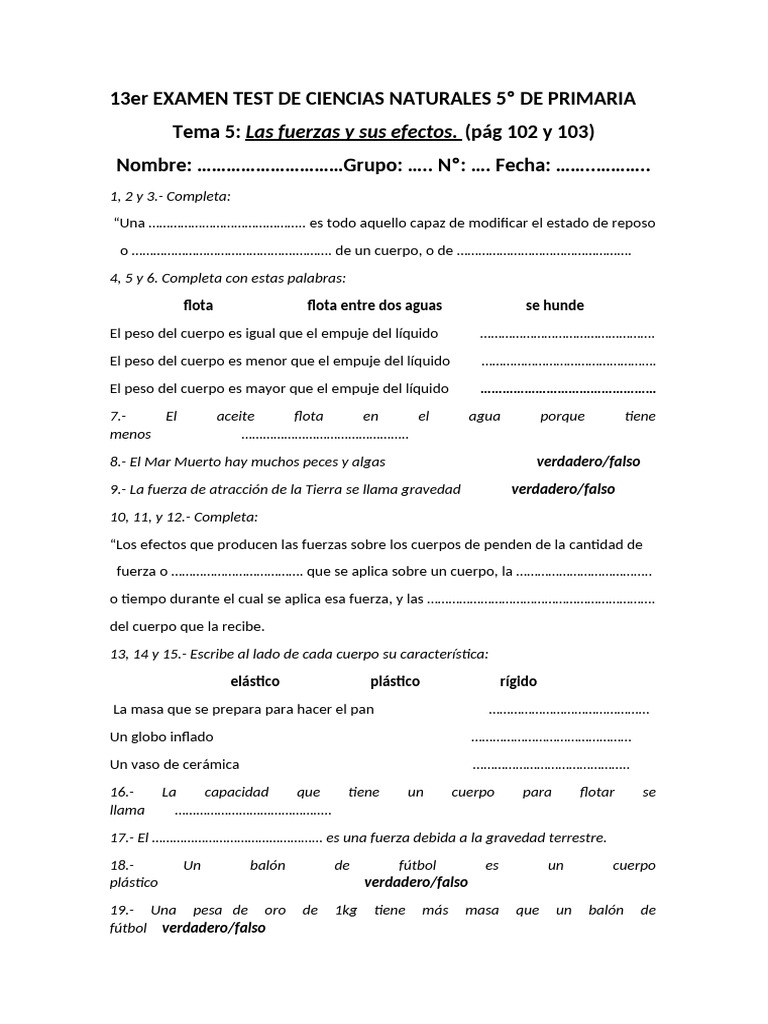 13er Examen Test de Ciencias Naturales 5º de Primaria Sabrina | PDF