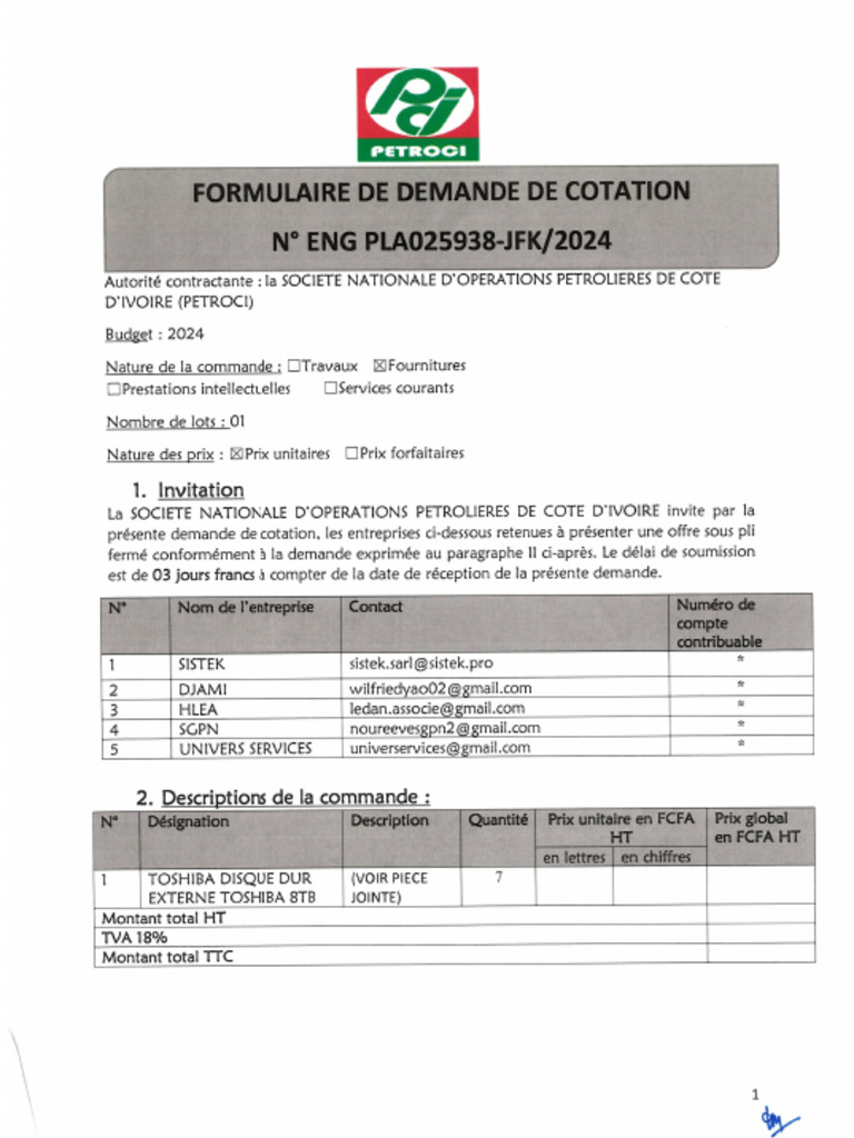 Demande de Cotation Disque Dur Externe Toshiba 8tb | PDF