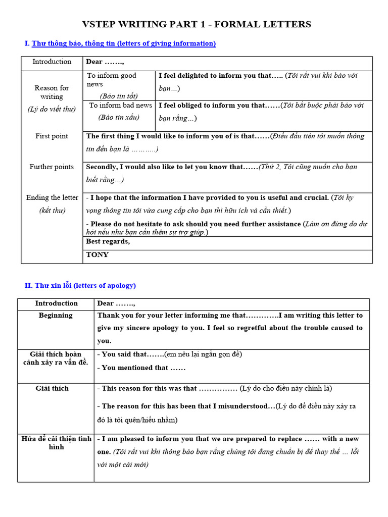 Vstep Writing Part 1 - Formal Letters - Bu I 2 | PDF