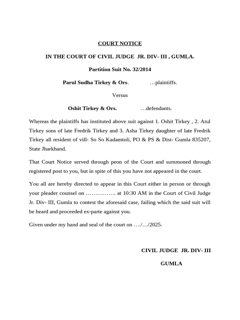 Court Notice for Partition Suit 32/2014 | PDF