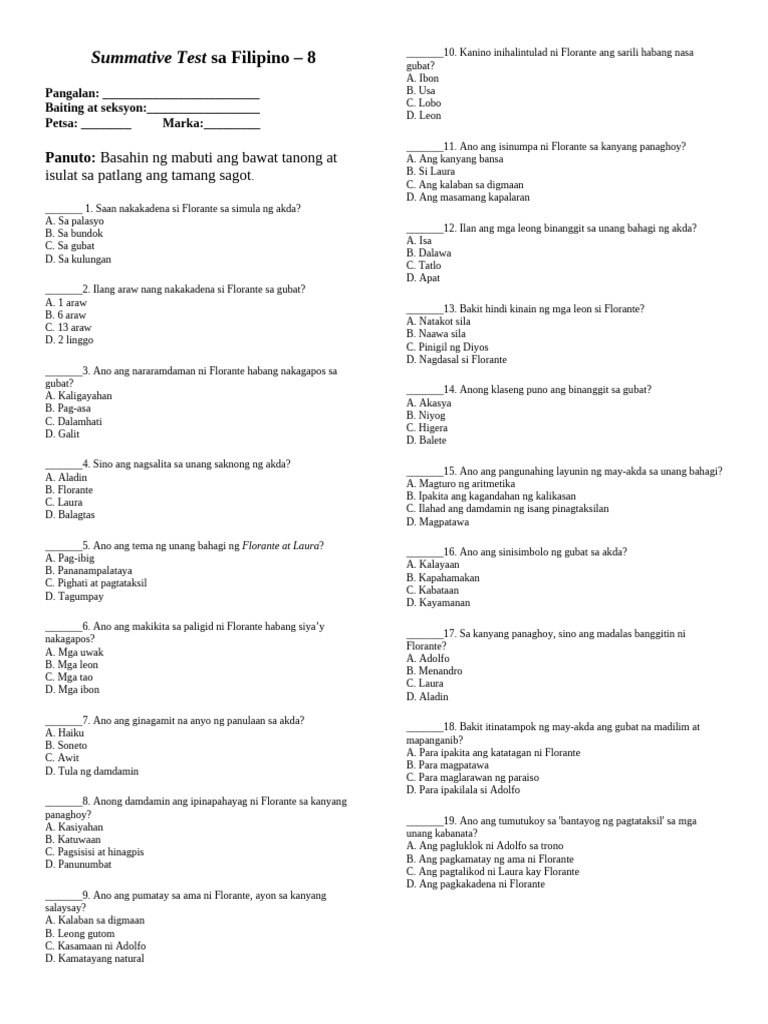 Summative Test Sa Filipino With Answers | PDF
