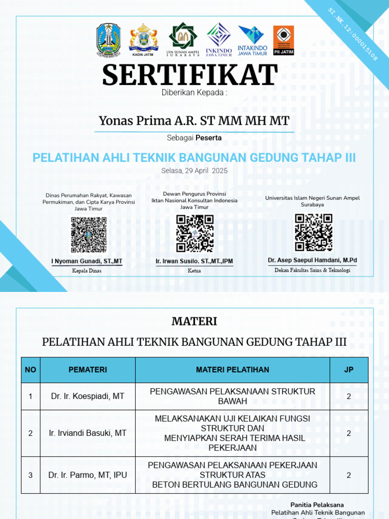 E - Sertifikat Yonas Prima A.R. ST MM MH MT | PDF